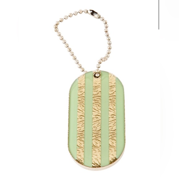 CHANEL | Accessories | Chanel Dog Tag Gold And Green Striped Keychain ...